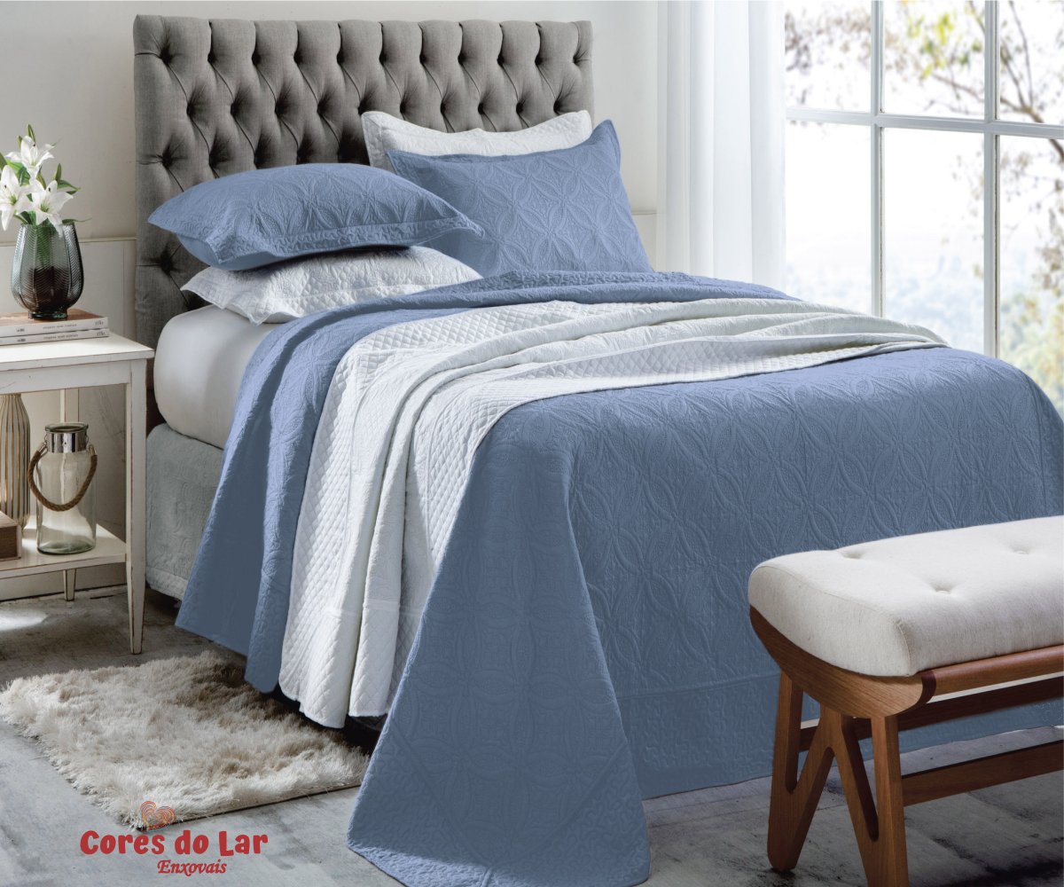 Kit Cobre Leito Queen Ultrasonic Bouti Premium em Matelassê 03 peças - Azul